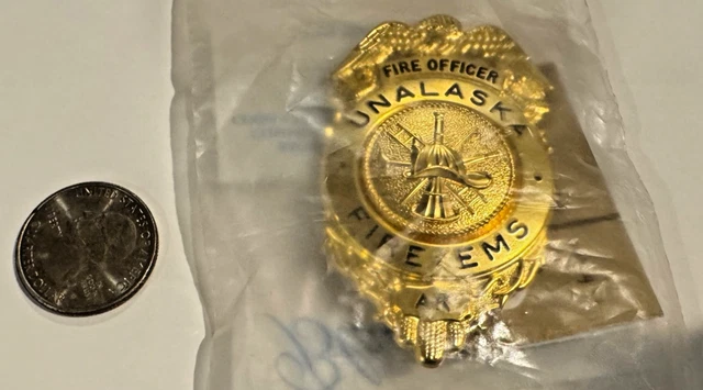 UNALAKSA, ALASKA FIRE Department Fire Officer Badge Gold Tone SEALED ...