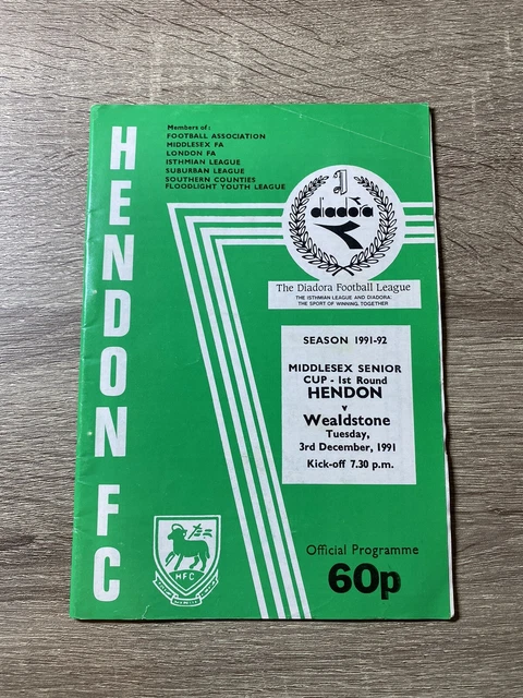 HENDON V WEALDSTONE Middlesex Senior Cup 03/12/91 1991-92 Programme £4. ...