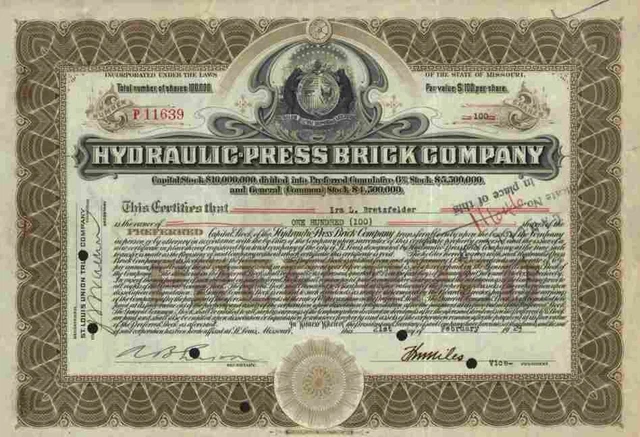 1929 HYDRAULIC PRESS Brick Company St. Louis Missouri Western Banknote ...