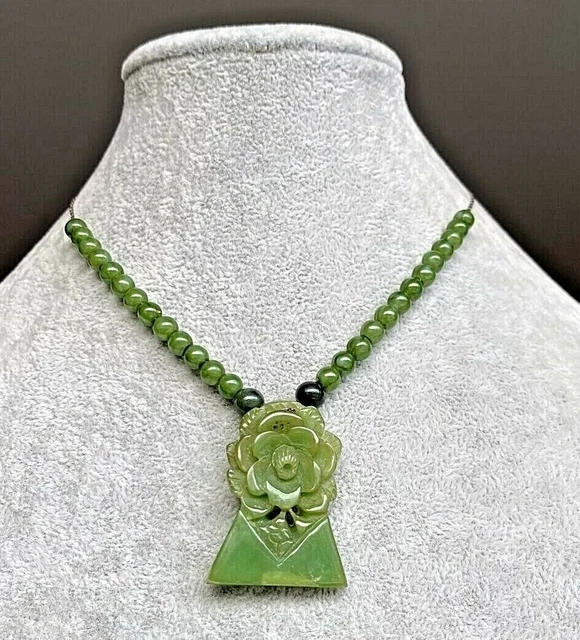ART DECO CARVED Green Bakelite Flower Rose Geometric Pendant Choker ...
