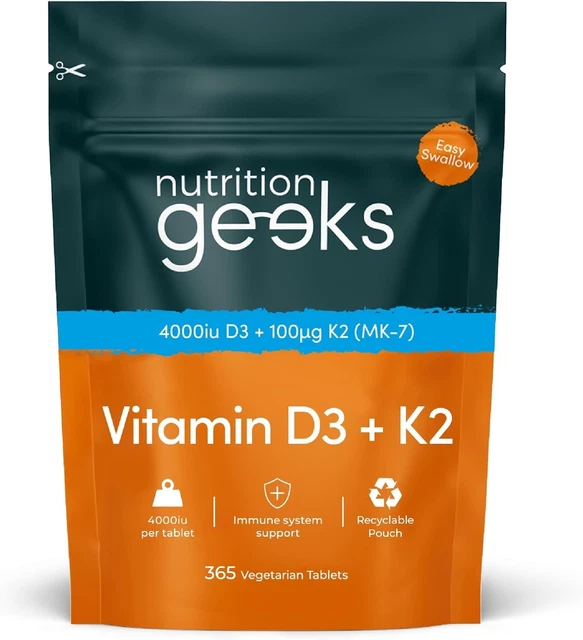 NUTRITION GEEKS VITAMIN D3 4000iu +K2 -1 year supply, 365 Easy-Swallow ...