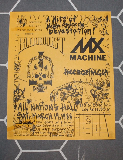 ORIGINAL DEATH GIG Concert FLYER 1988 Bloodlust MX Machine Necrophagia ...