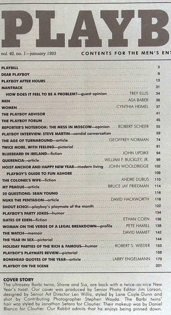 PLAYBOY JANUAR 1993 BARBI ZWILLINGE Steve Martin ECHO LETA JOHNSON Sean ...