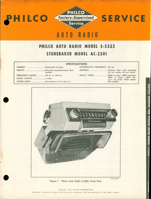 1952 PHILCO AUTO Radio Service Manual Studebaker S-5323 AC-2301 Spec ...
