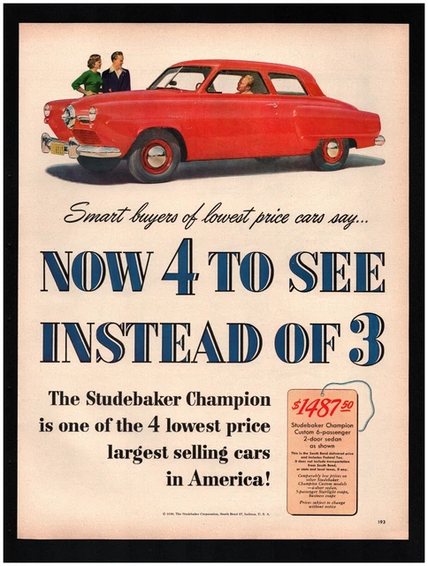 1950 STUDEBAKER CHAMPION Original Print Ad ~ Fast Ship ~ Red Car $9.95 ...