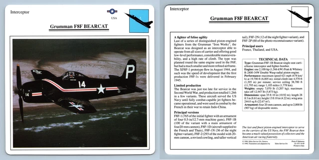 GRUMMAN F8F BEARCAT - Interceptor - Warplanes Collectors Club Card £1. ...