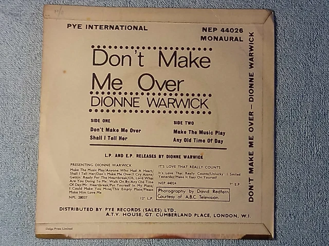 DIONNE WARWICK=DON'T MAKE Me Over=Ep=Pye Inter Nep 44026=Vg+/Vg+ Plays ...