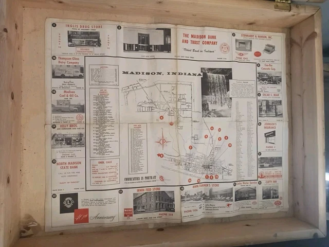 HISTORIC 1950S MAP Madison Indiana Inglis Thomas Glass Irwin Oscar Bear ...