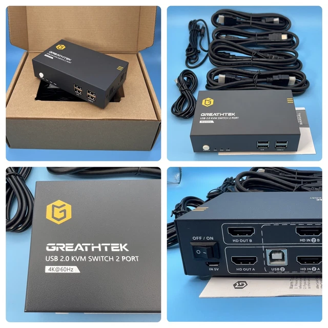 GREATHTEK DP KVM Switch 2 IN 1 OUT 4K @60Hz With USB 2.0 Opened But New ...