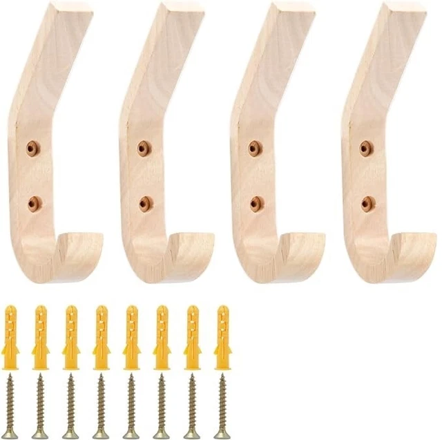 4 STÜCK KLEIDERHAKEN Holz J-Typ, Wandhaken Garderobenhaken Holzhaken ...