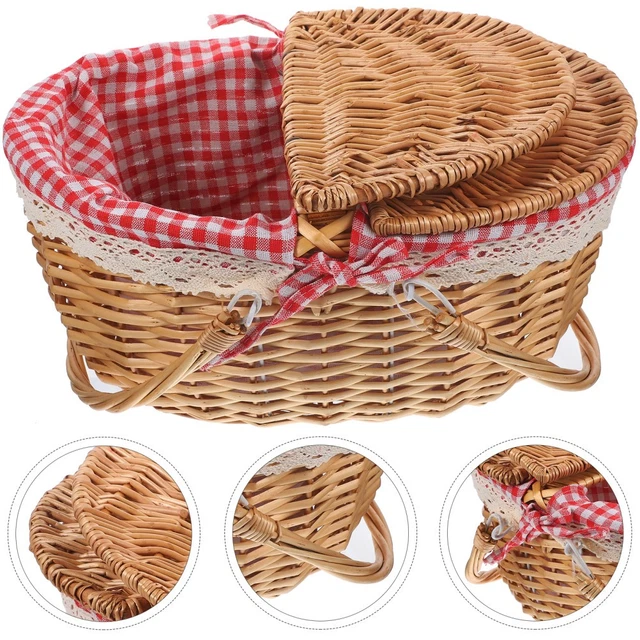 RUSTIC WICKER PICNIC Basket with Lid Handheld Woven Storage Basket Gift ...