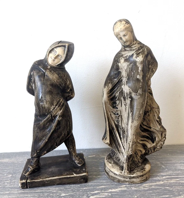 LOT 2 ANCIENNES curieuses statuettes XIXème? en plâtre patiné Old ...