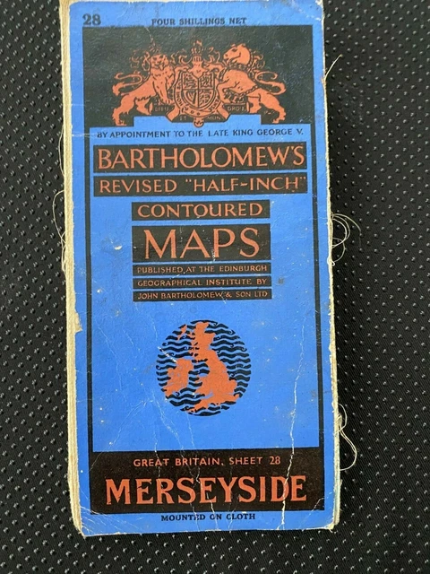 MERSEYSIDE 1940`S VINTAGE Cloth Bartholomews Map Sheet 28 mounted on ...