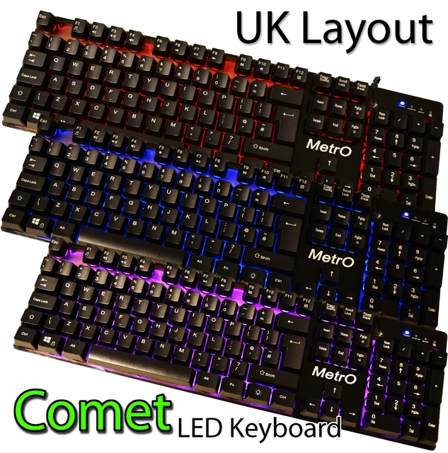 METRO COMET BACKLIT Wired Gaming Keyboard UK Layout Compact 3 Colour ...