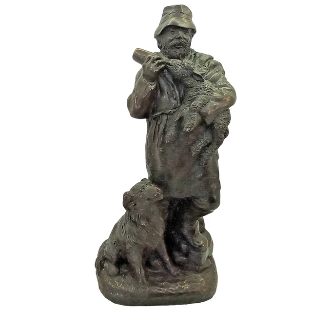 FARMER & LAMB Shepherd Cold Cast Bronze Figurine Ornament 9" Heredities ...