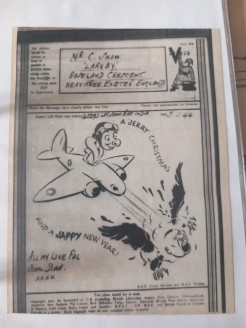 INDIA WW2 RAF AIRGRAPH Caricature ILLUSTRATED *VICTORY* 1944 "Exeter ...