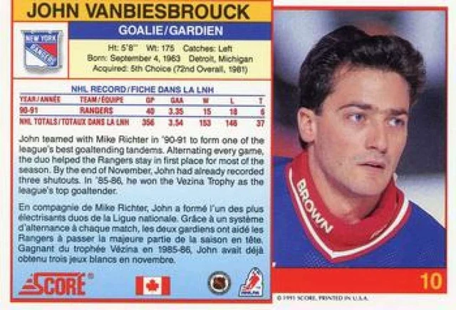 1991-92 SCORE BILINGUE canadien #10 John Vanbiesbrouck Rangers de New ...