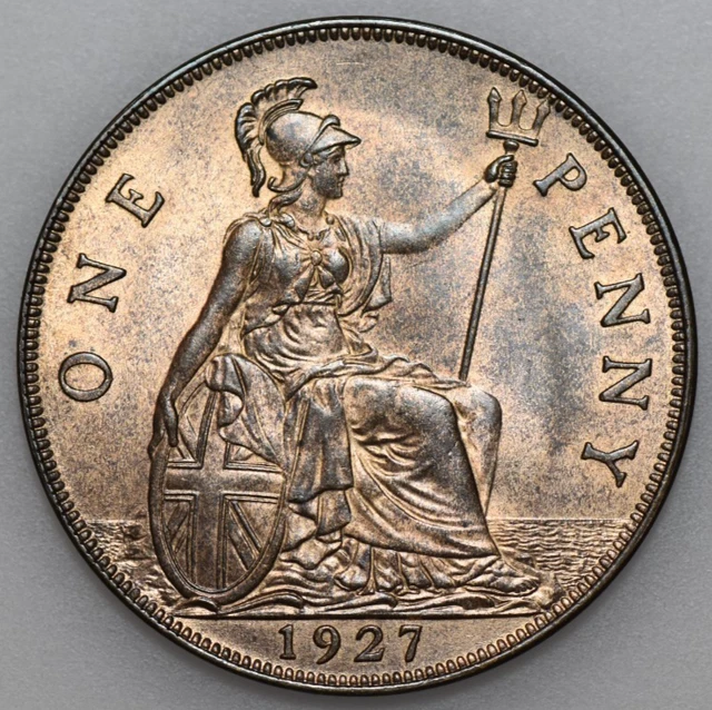 1927 ME GEORGE V Penny, Modified Effigy British Bronze Coin, Bu With ...