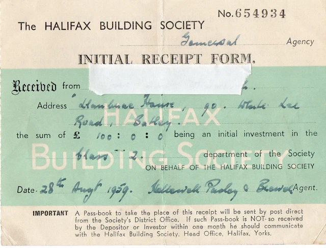 HALIFAX BUILDING SOCIETY 1959 Payment Receipt Form Original £2.50 ...