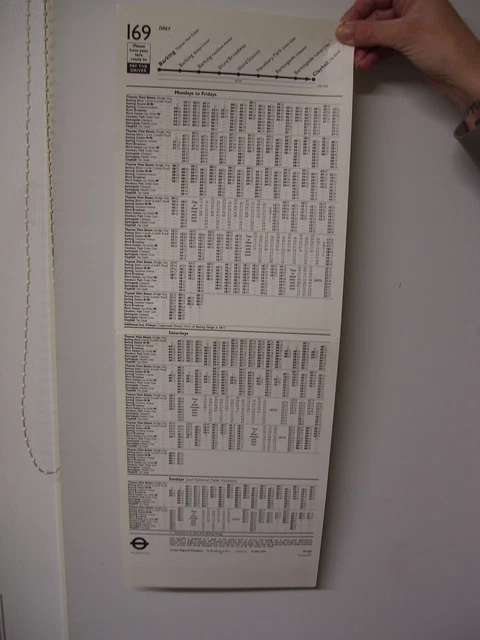 LONDON TRANSPORT BUS Stop Panel Timetable-Route 169-July 1985-Used Con ...
