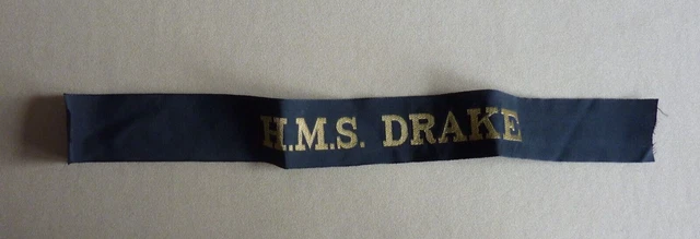 GENUINE BRITISH ROYAL Navy Cap Tally Ribbon Cap Band H.M.S. Drake Cut ...