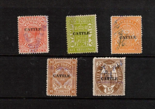 VICTORIA STAMP DUTY Stamps with CATTLE Overprint, values to 15/- (5 ...