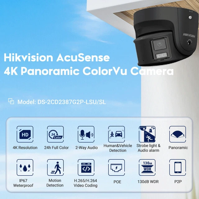 HIKVISION 8MP COLORVU 180° Dual lens Panoramic IP Camera DS-2CD2387G2P-LSU/SL $393.37 - PicClick AU