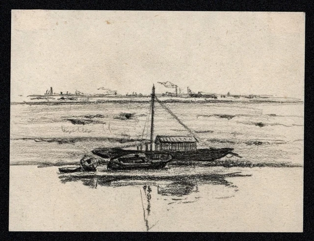 FRANK LEWIS EMANUEL (1865-1948) Miniature Pastel Drawing BOATS ON RIVER ...