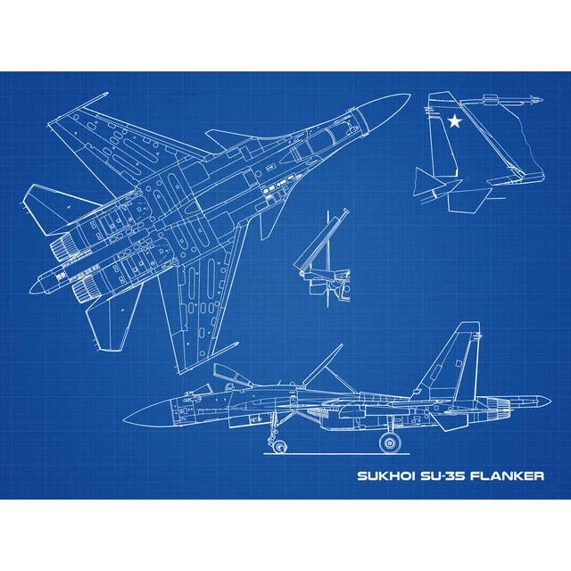 SUKHOI SU-35 FLANKER-E Air Defence Fighter Blueprint XL Wall Art Poster ...
