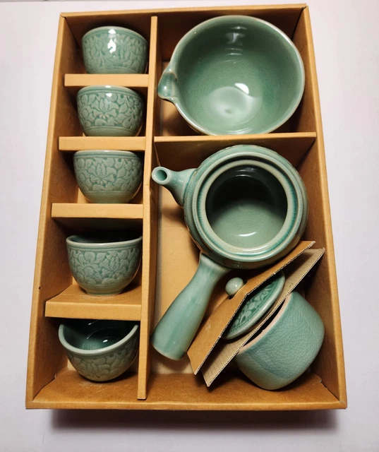 CELADON 5 PERSON Green Porcelain Tea Cups w/ Pottery 8-PC Set (Original ...
