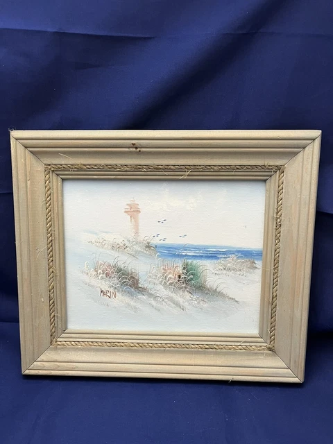 VINTAGE MID CENTURY Art Oil On Canvas Seascape Lighthouse Signed Marin ...