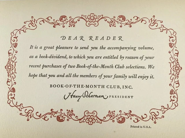 RARE ANTIQUE WELCOME Invitation Card 1920s BOOK OF THE MONTH CLUB Harry ...