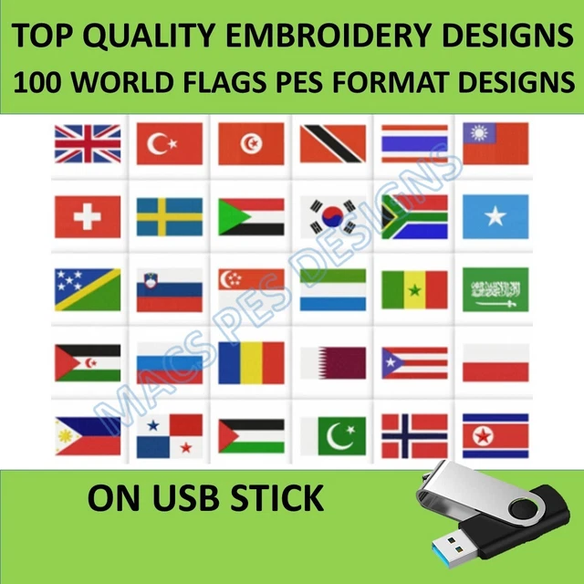 WORLD COUNTRY FLAGS 100 PES designs on USB brother Machine Embroidery ...