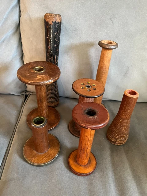 LOT OF 7 Vintage Antique Wooden Textile Mill Thread Spindle Spools ...