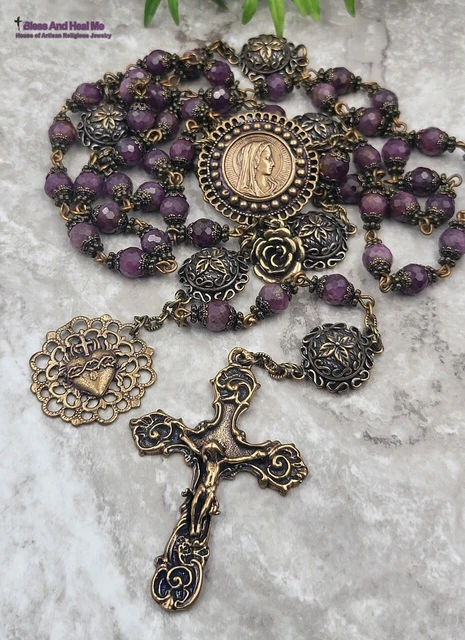 VIRGIN MARY SACRED Heart of Jesus Purple Ruby Antique Style Bronze ...