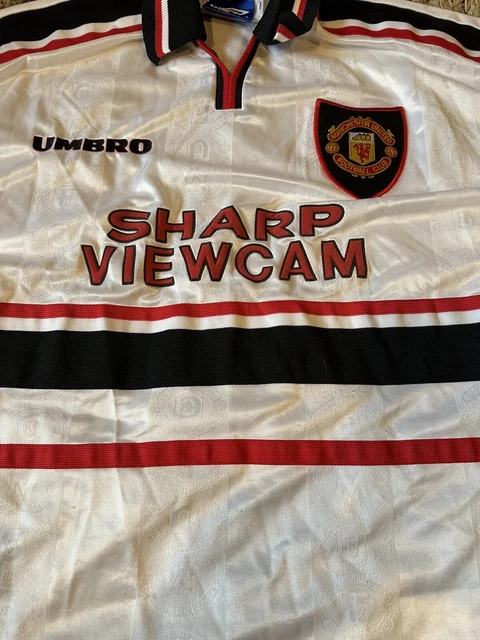 MANCHESTER UNITED SHARP VIEWCAM AWAY TREBLE 1999 MAN UTD White Shirt ...