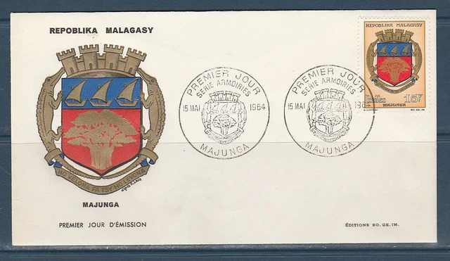 MADAGASCAR ENVELOPPE 1ER jour blason armoirie Majunga 1964 EUR 3,00 ...