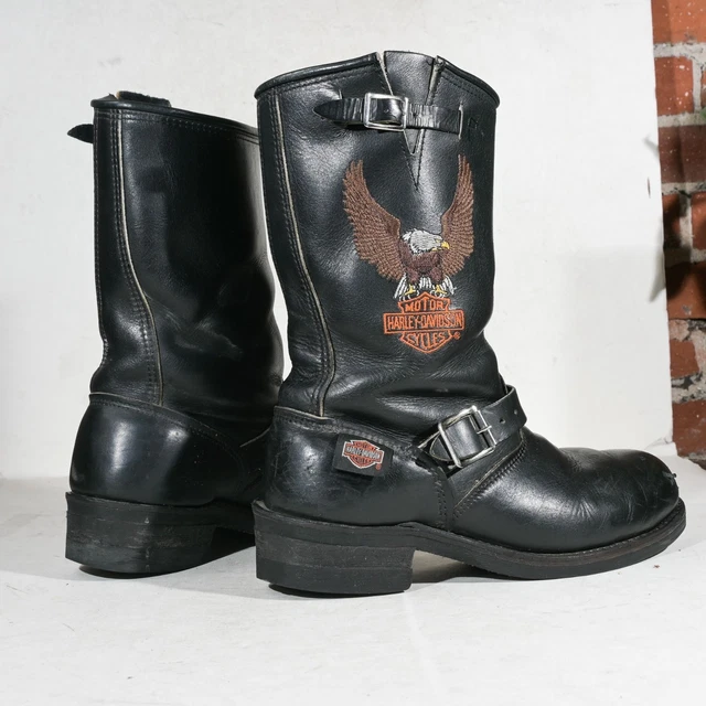 VTG HARLEY-DAVIDSON ENGINEER Boots Black Leather Steel Toe Eagle USA ...