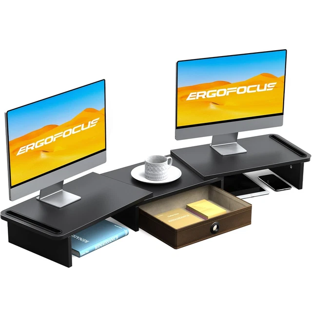 DUAL MONITOR STAND Riser with Drawer-Adjustable Length and Angle ...