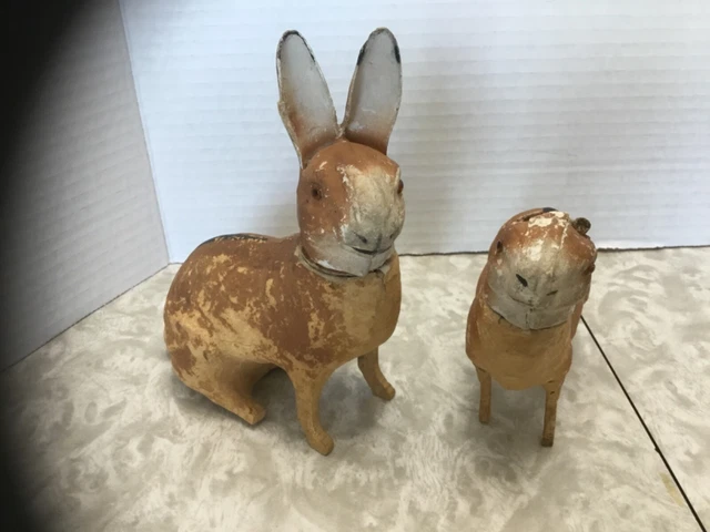 ANTIQUE GERMAN STICK Leg Bunny Rabbits (2) Paper Mache Candy Containers ...
