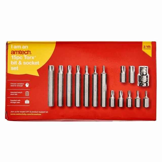 AMTECH 15 PIECE Torque Bit/Socket Set (Torx/Star/1/2" Drive Adaptor ...