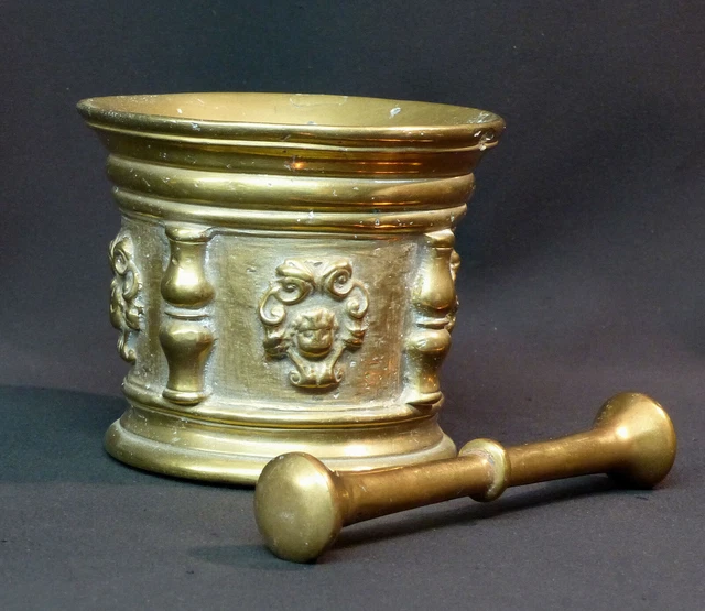 D 19ÈME ANCIEN beau grand Mortier coupe 4.2kg11cm bronze doré pilon ...