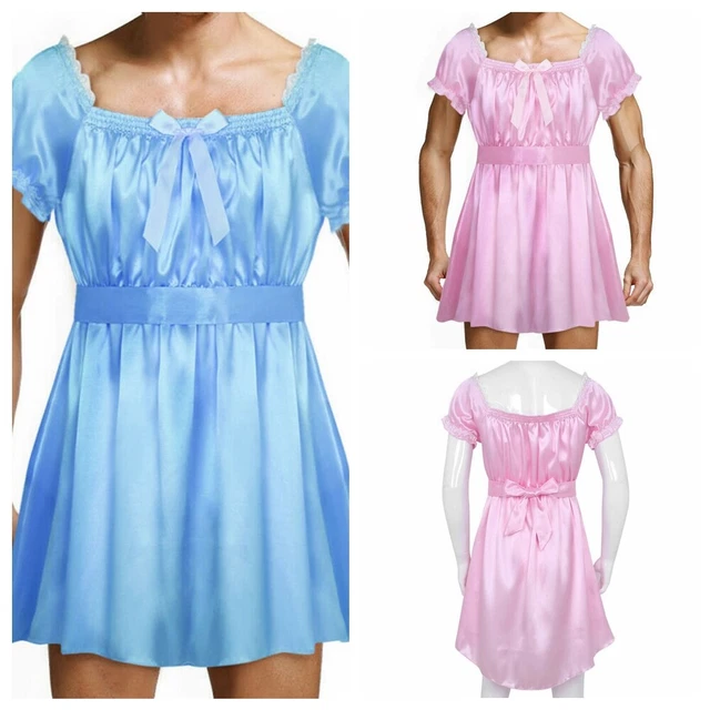 Mens Sissy Satin Lingerie Frilly Mini Dress Crossdress Underwear