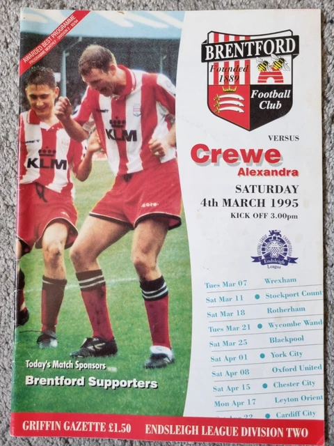 BRENTFORD VS CREWE Alexandra 4/3/1995 Football Programme £0.63 ...