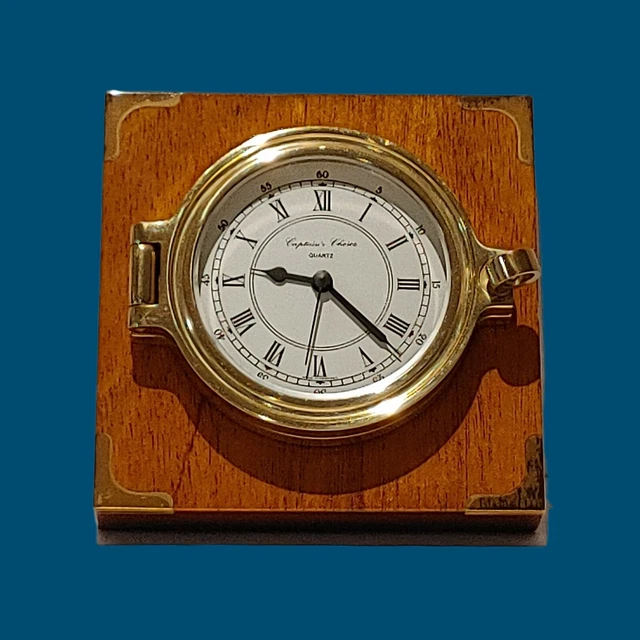 VTG CAPTAIN'S CHOICE Ships Brass Porthole Wall Clock Quartz Oak Base ...