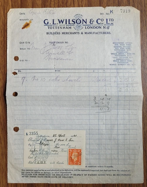 1944 G. L. Wilson Builders Merchants Bruce Grove Tottenham Invoice to ...