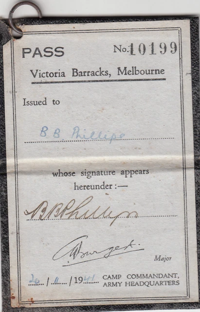 WW2 PERIOD PASS to Victoria Barracks Balfour Phillips ANZAC 9451 fought ...