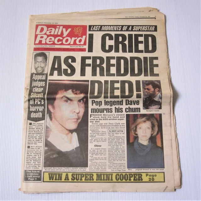 FREDDIE MERCURY (QUEEN) Daily Record UK Tabloid Newspaper 26th November ...
