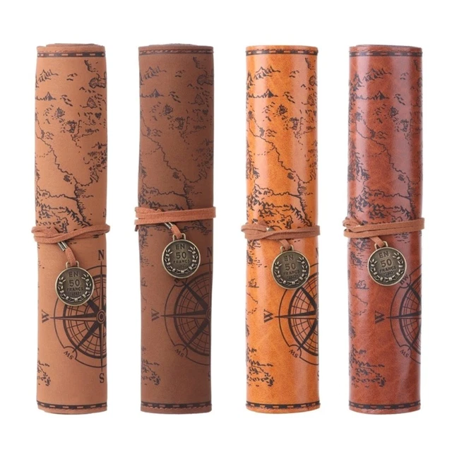 ANTIQUE PENCIL BAG Roll up Leather Pencil Case Large Compartment Pen ...