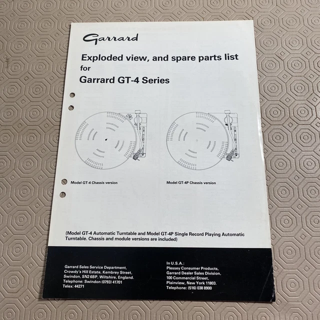 ORIGINAL GARRARD MODEL GT-4 Series Turntable Exploded View/Spare Parts ...